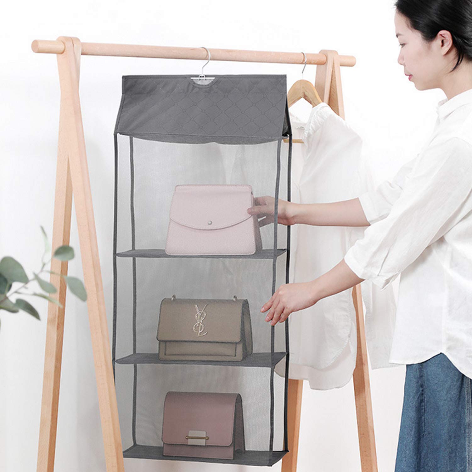 Ocean's Shop Hanging Handbag Organizer, Foldable Dust Cover Wardrobe Closet Organizer Hanging Purse Storage Holder for Space Saving (Beige, 4 Shelves)