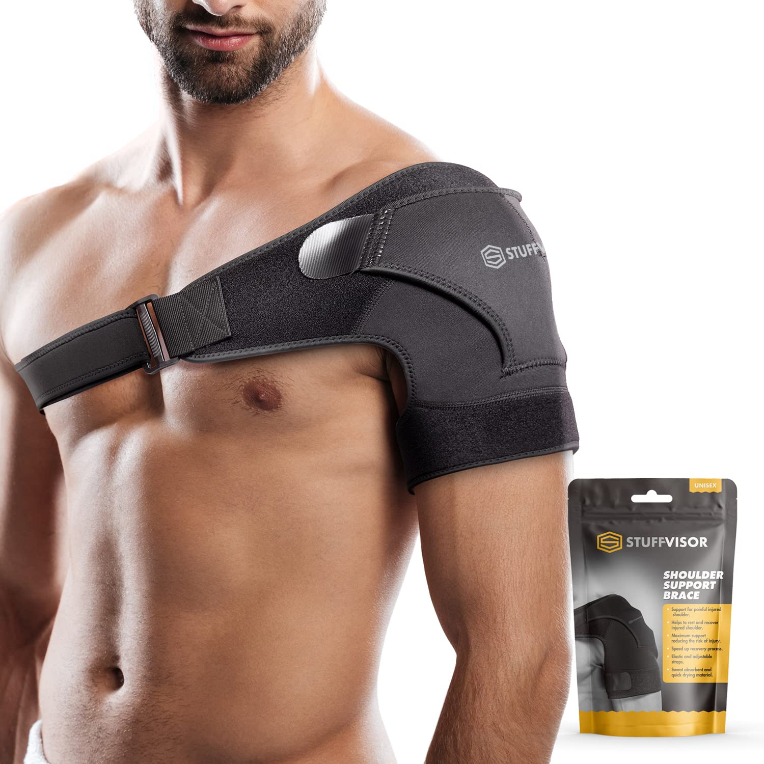 Stuffvisor Shoulder Support Brace with Pressure Strap Pad for Rotator Cuff, Tendonitis, Dislocation, Bursitis and other Shoulder Injuries, with Shoulder Sling, Compression Arm Sleeve Unisex, Onesize