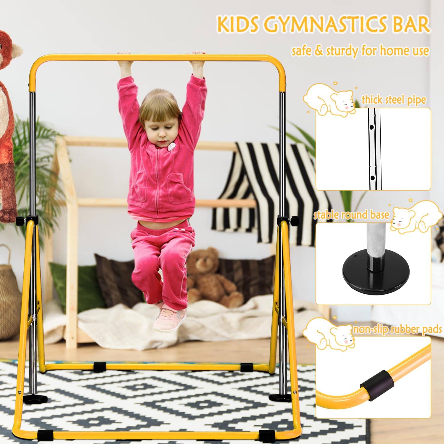 Oneofics Gymnastics Bar, Kids Gymnastic Bar Home Use, Foldable and Height Adjustable Junior Training Horizontal Bars for 3-8 Years Old Child, Girls & Boys
