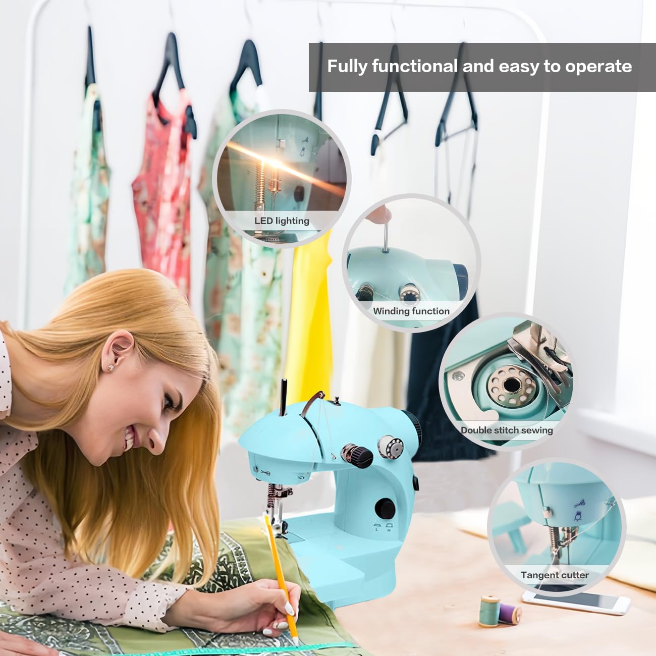 Mini Sewing Machine,small handheld Sewing Machine kit Portable Kids Electric Sewing Machine with Sewing Bag,Easy to Use, LED Light, Fast Stitch Suitable for Clothes,DIY Home Travel 1 (Blue)