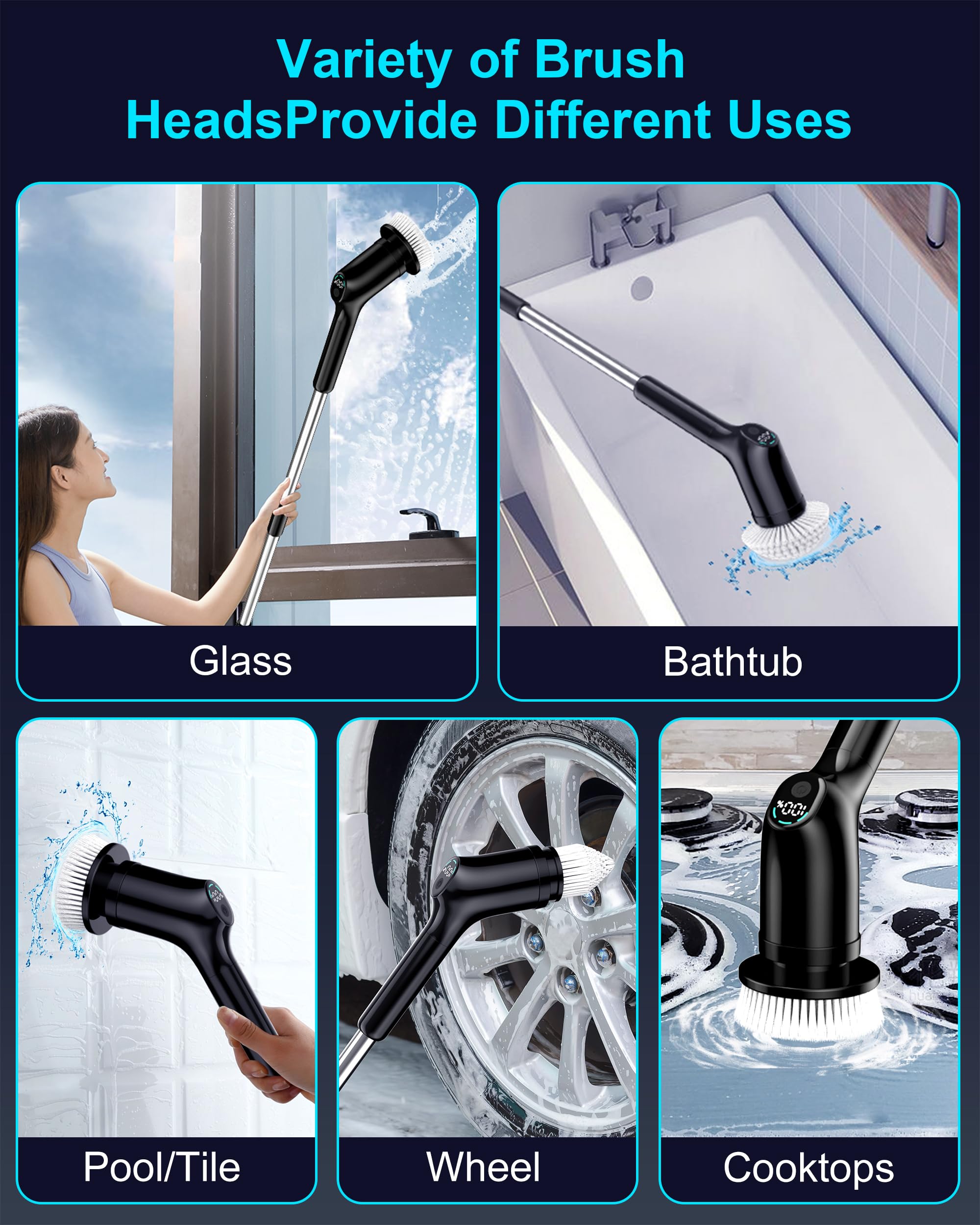 Yonlog Electric Spin Scrubber, FRIWOLE Upgraded Cordless Cleaning Brush with LED Display, 3 Speeds, 8 Replaceable Brush Heads, Adjustable & Detachable Handle, 450 RPM, for Bathtub, Tile, Floor, Black