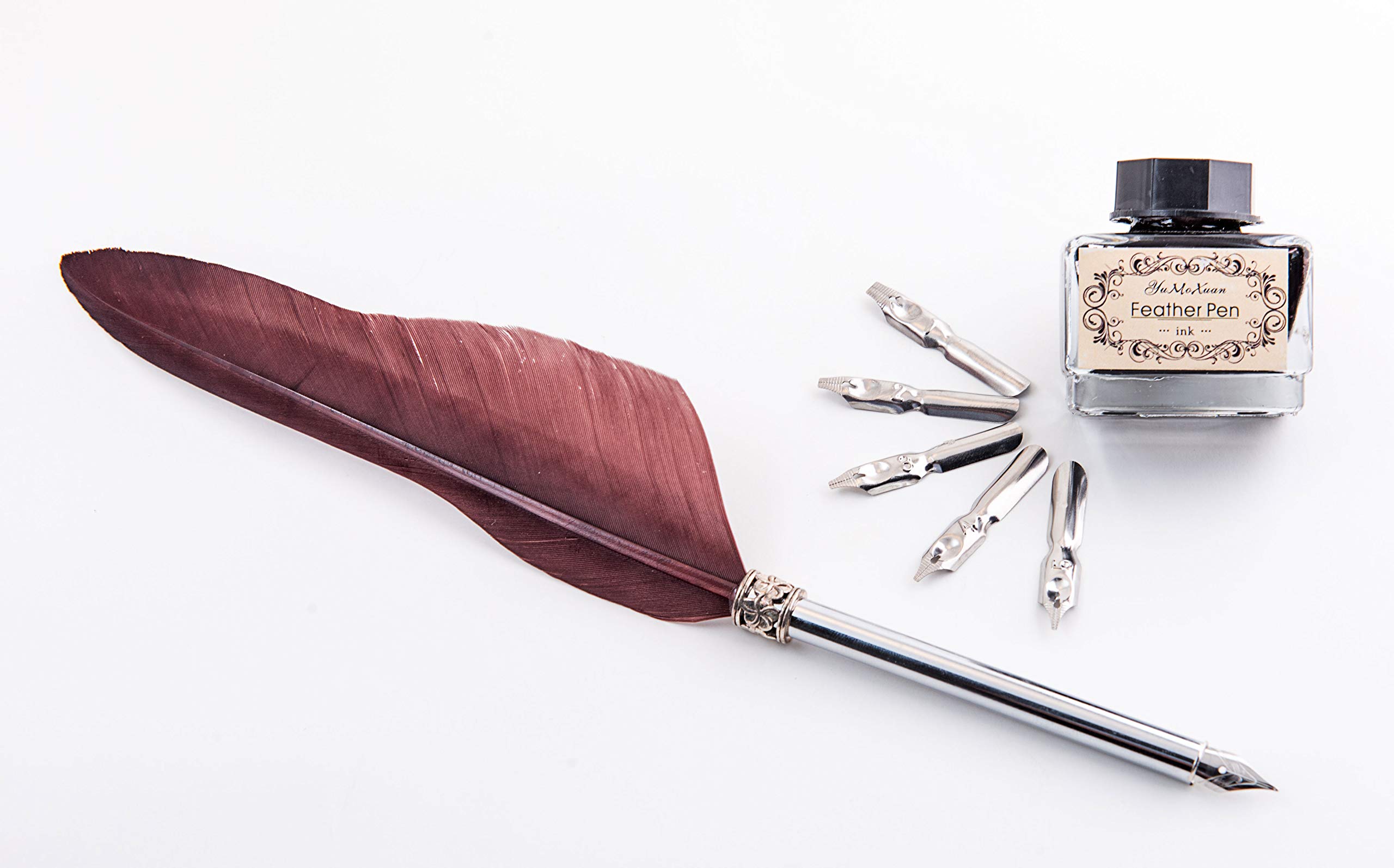 Quill Pen and Ink Set Turkey Feather Pen with 5 Steel Replacement Nibs and Dip Ink Bottle in Vintage Gift Box for Antique Calligraphy - Brown