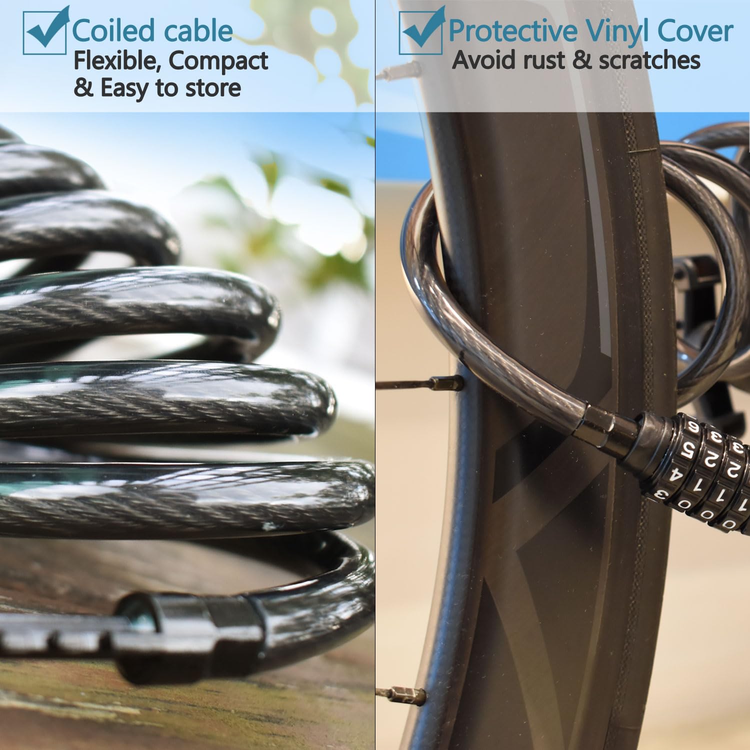MARQUE Combination Bike Lock Cable- 3/8 inch (5FT, 10FT, 15FT, 25FT) Resettable Combination Lock, Anti-Theft Coiled Secutiry Cable for Bicycles, Kayaks, Paddle Boards, Gates&Outdoor Gear (10 FT)