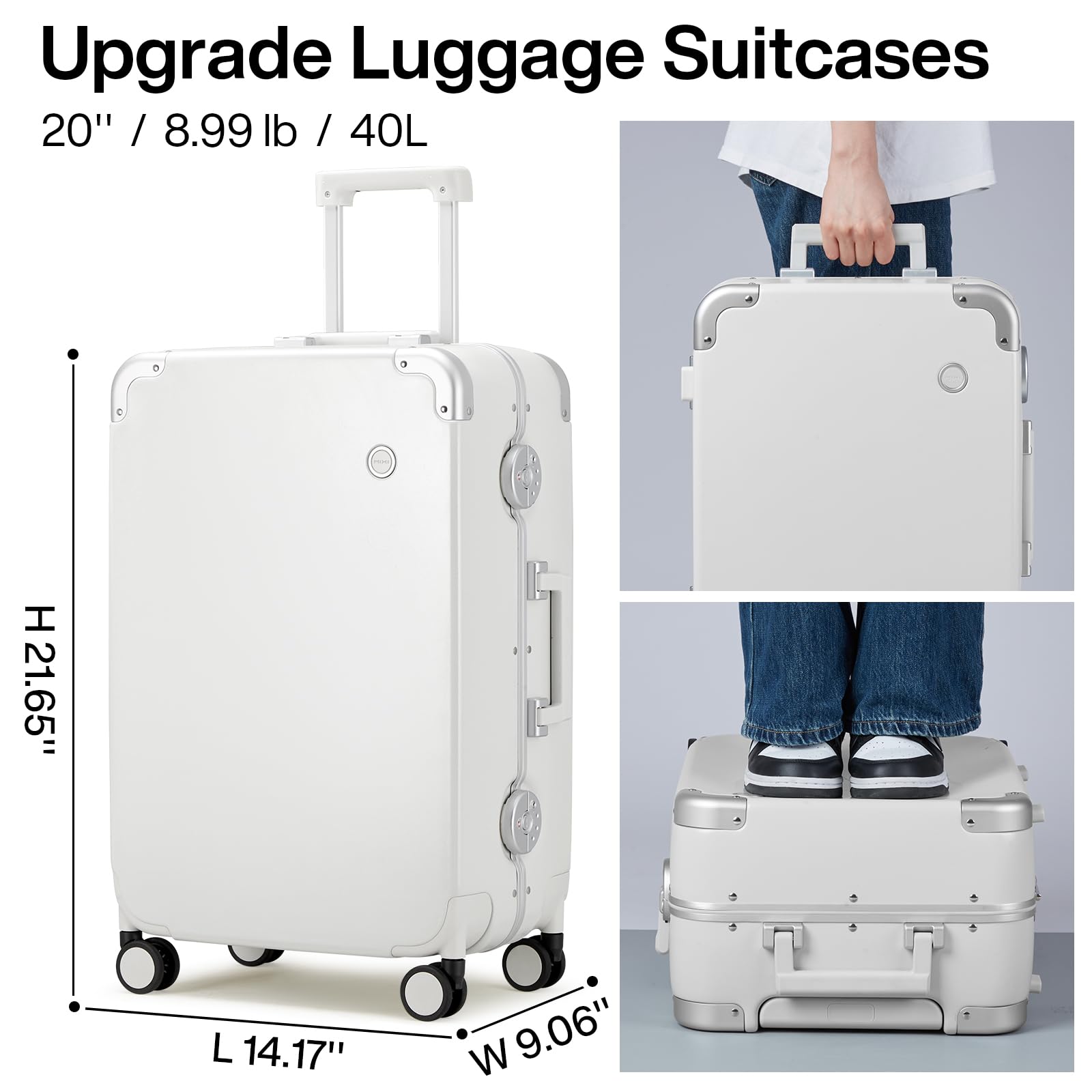mixi Carry On Luggage 20'' Travel Suitcase Rolling Luggage Aluminum Frame PC Hardside with Spinner Wheels & TSA Lock - Smoke White