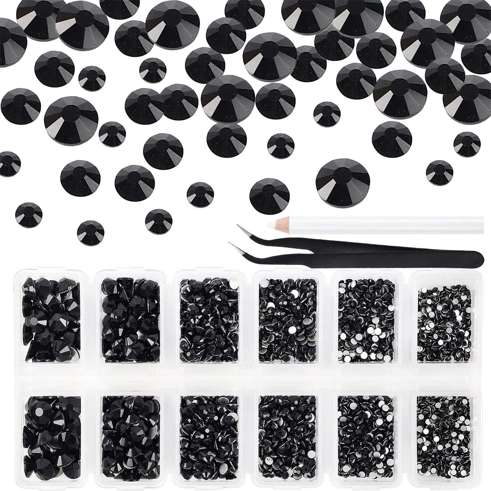 Outuxed 3200pcs Black Rhinestones 6 Size(1.6-6.4mm) FlatBack Crystal Rhinestones Gems for Crafts with Tweezers and Picking Pen