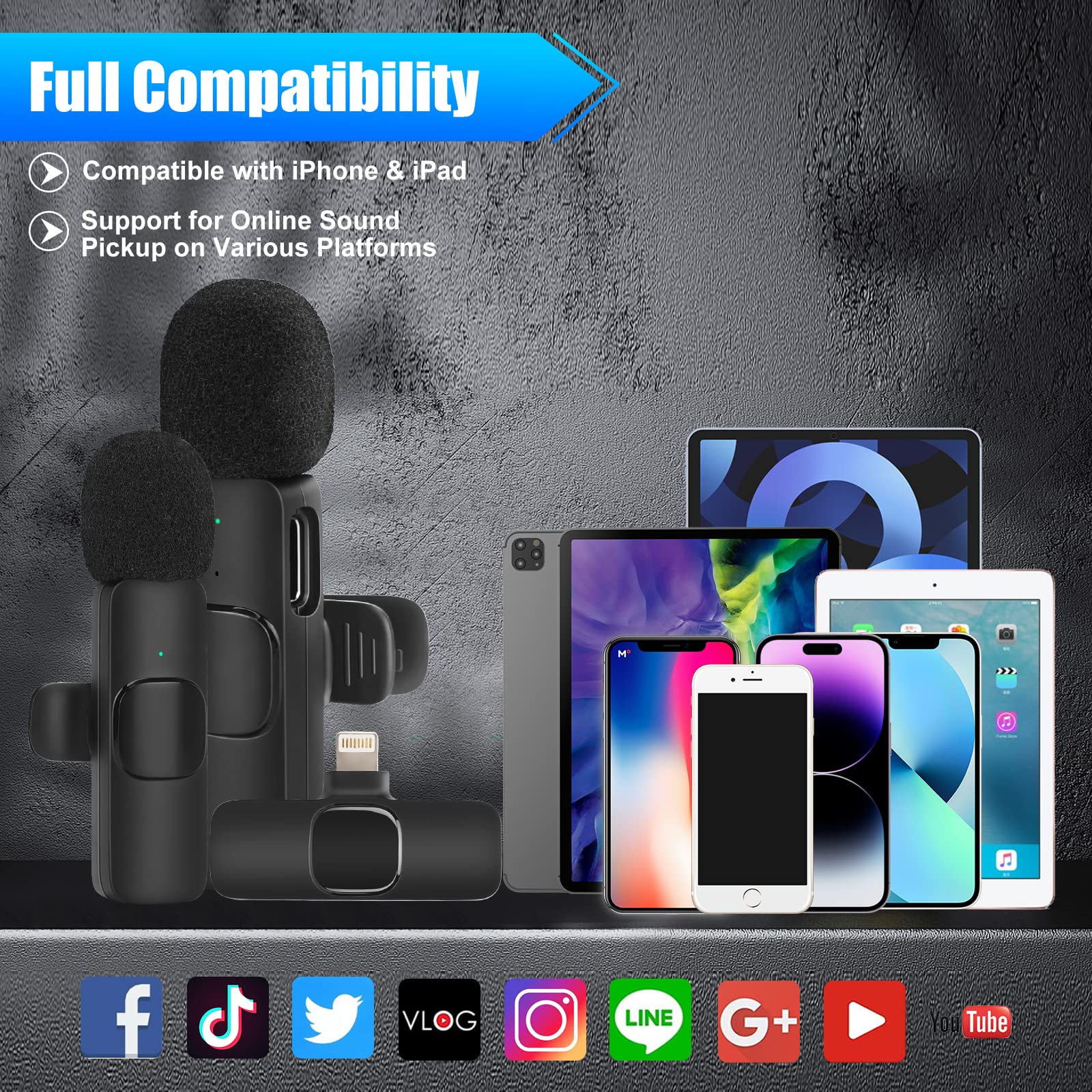 Wireless Microphone for iPhone iPad, Wireless Lavalier Microphone, Plug and Play Ultra-Low Latency Built-in Noise-Canceling Chip Long Working Time Wireless Mic for iPhone Video Recording, Live Stream