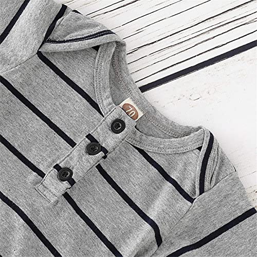 Newborn Baby Cotton Striped Gown Swaddle Wrap Knotted Sleepwear Sleeping Bags + Warm Headband (Grey, 0-6M)