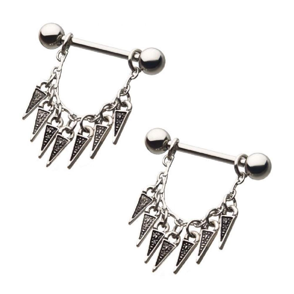 Pierced Owl Stainless Steel Spiked Chain Dangle Nipple Barbells, Sold as a Pair