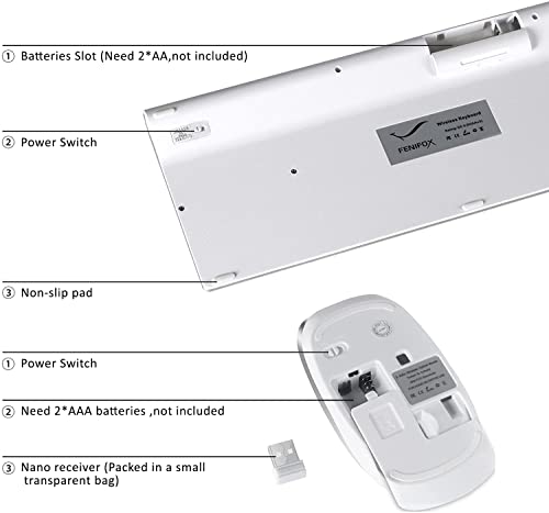 Wireless Keyboard and Mouse, USB Slim Compact Keyboard with Number pad, Ergonomics Quiet Keyboard Mouse for Laptop Computer PC Mac Windows, White Silver