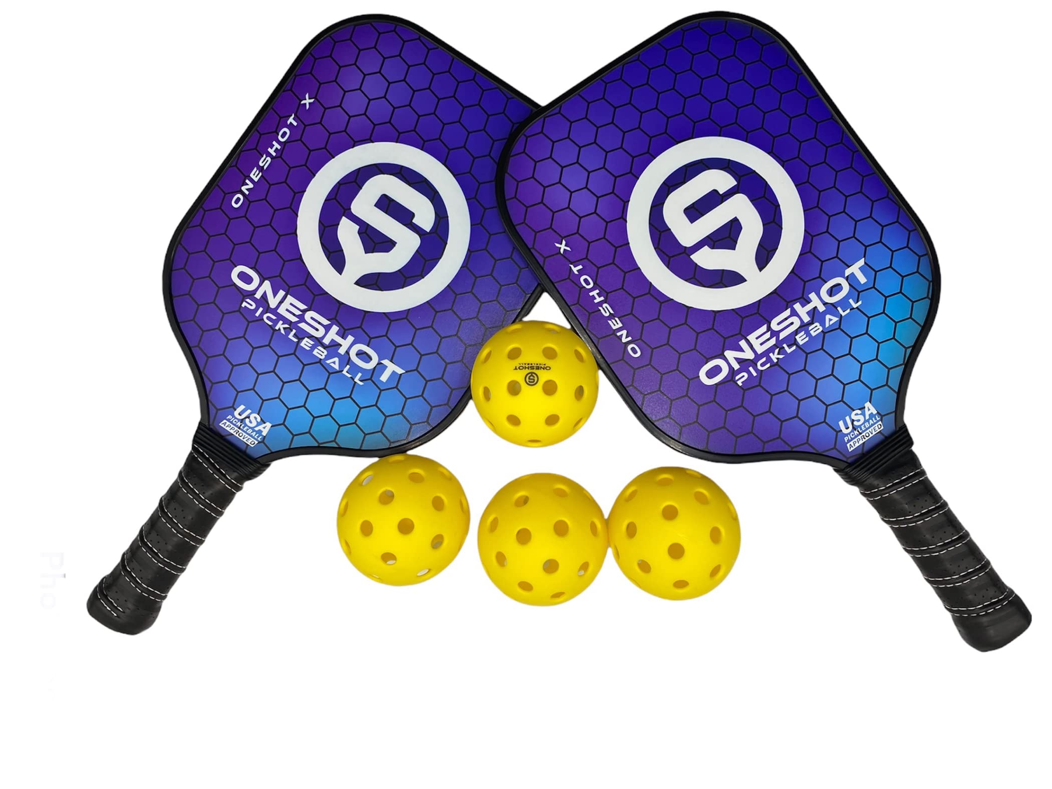 OneShot Pickleball Paddle Set | 2 Player Pack with Pickleballs and Paddle Bag | Polymer Honeycomb Core, Fiberglass Face | Lightweight