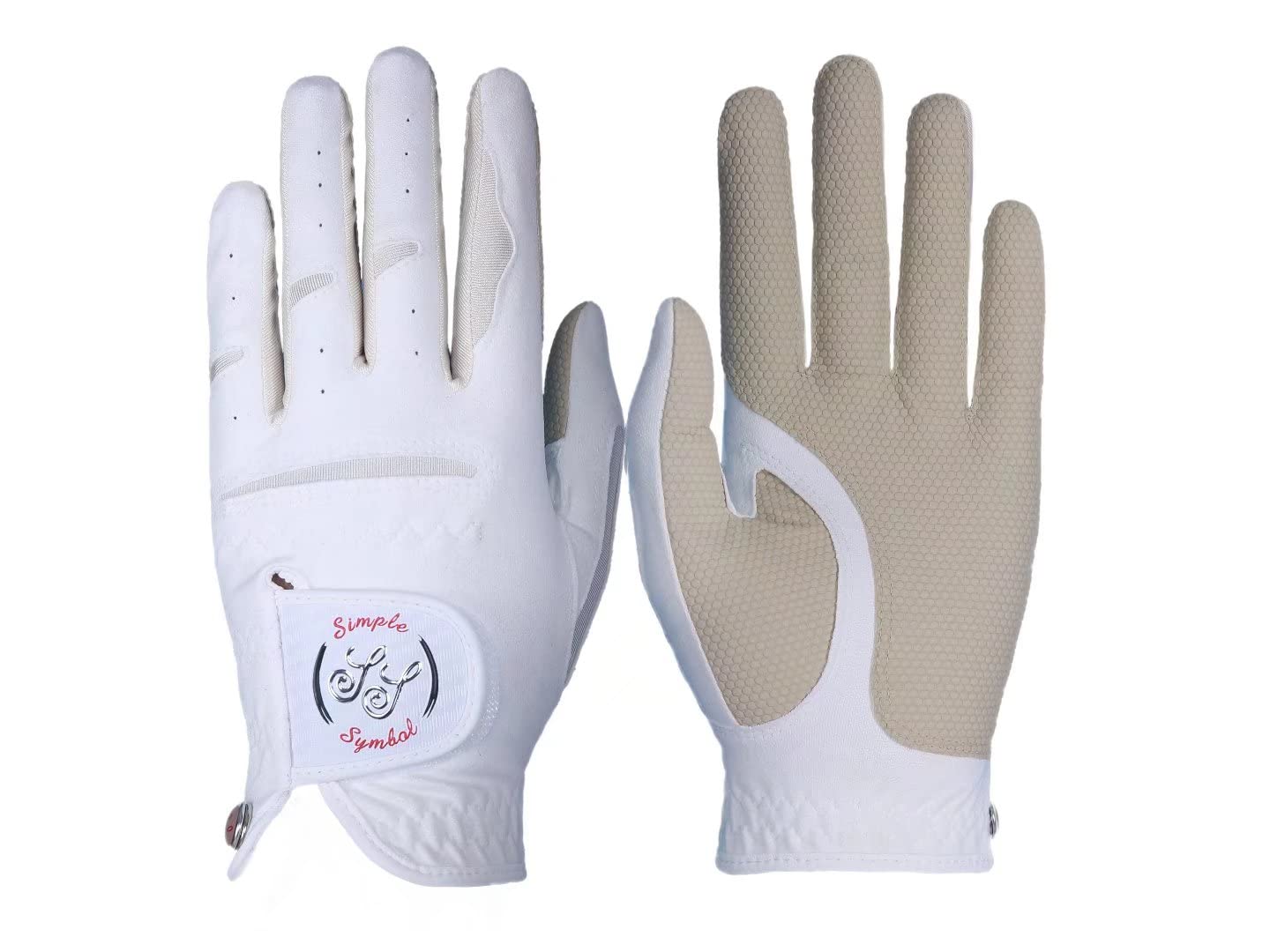 SIMPLE SYMBOL Women's Golf Glove Microfiber Non-slip Two Pack(Left is Wear On Left Hands,Right is Wear On Right Hands) Three Colors to Choose from Navy Blue/Black/Beige(Beige,L,Left)
