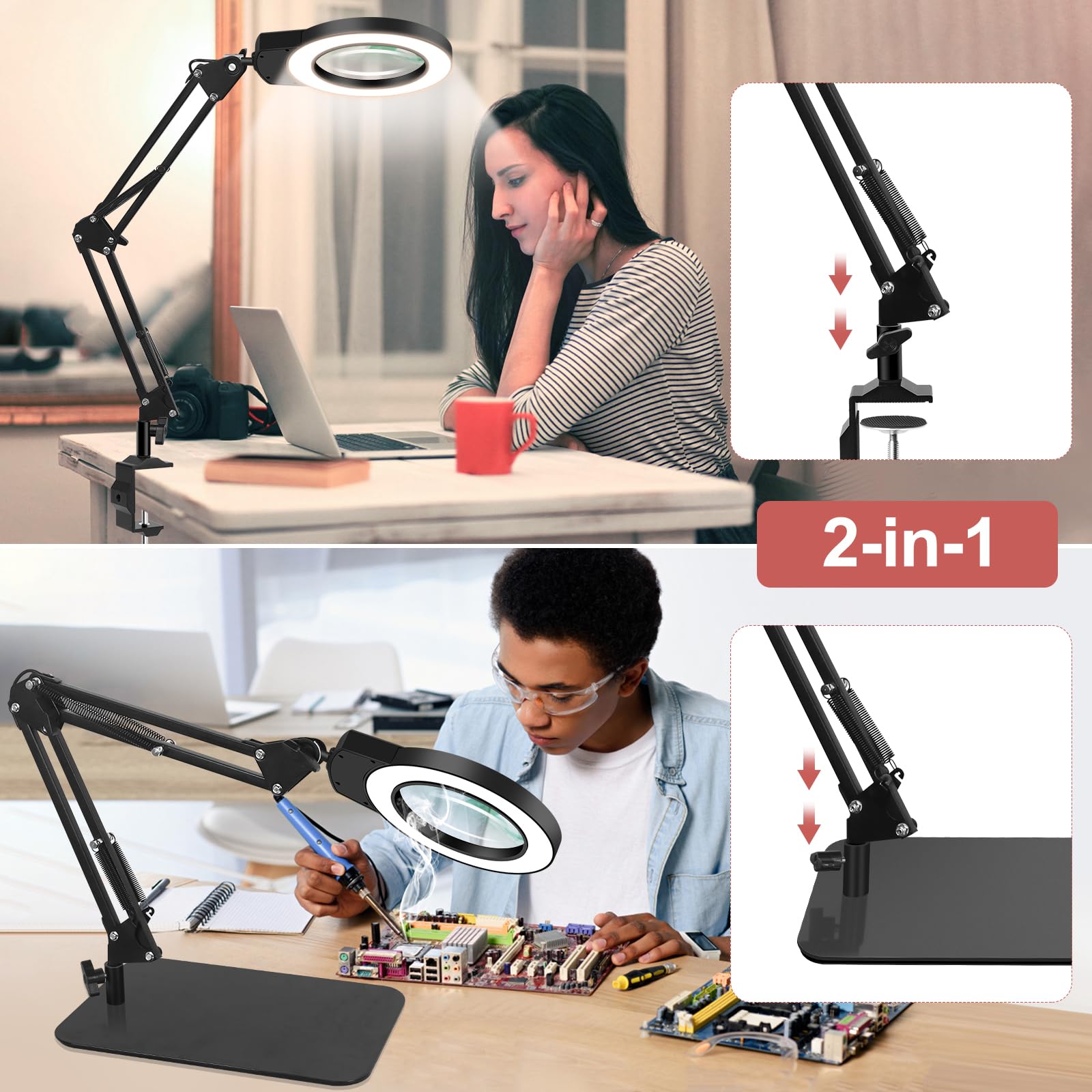 NAKOOS 10X Magnifying Glass with Light and Stand, 2200 Lumens LED Magnifying Lamp with Light, Upgraded 5 Lighting Modes Stepless Dimmable Magnifier Light with Clamp Non-Tipping Head for Close Work