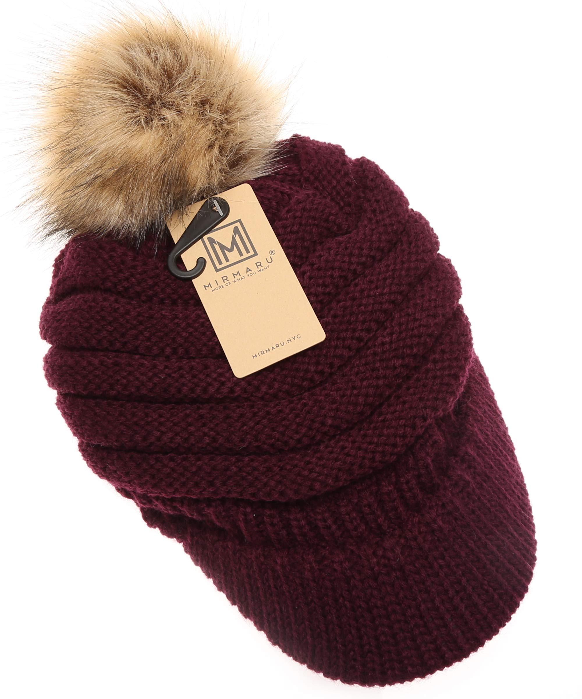 MIRMARU Women's Soft Warm Ribbed Knit Visor Brim Pom Pom Beanie Hat with Plush Lining (Plum)
