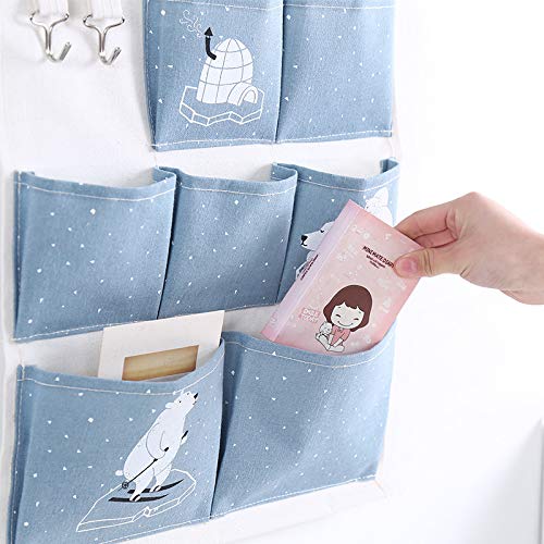 Over The Door Magzine Storage Pockets, Cotton and Linen Waterproof Closet Storage Hanging Bag Organizer (7-Pocket, Pink)