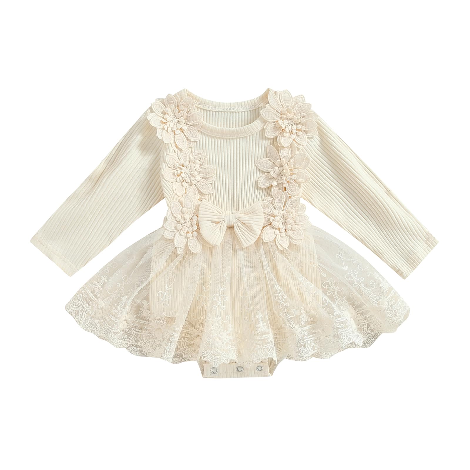Newborn Lace Tutu Romper Dress Baby Girl Long Sleeve Princess Tulle Dress Infant 3D Floral Onesie Photography Fall Outfits (Apricot, 3-6 Months)