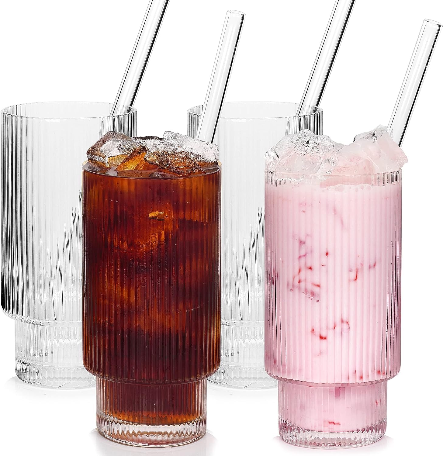 Ribbed Glassware Set of 4, 14oz Ribbed Glass Cups with Glass Straw, Ribbed Juice Glass Fluted Glassware Ribbed Drinking Glasses for Margaritas Whiskey Smoothie Ice Tea Coffee Soda Cocktail Beer Gift