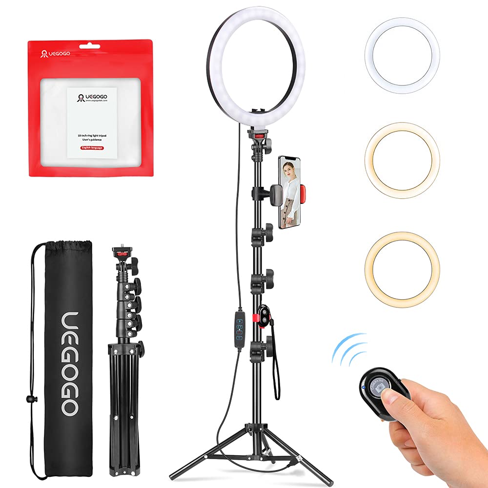 Selfie Ring Light with Tripod Stand & Phone Tripod Holder, 10.2 inch UEGOGO 3 Modes LED Ring Light & Selfie Stick for Makeup/Photography/Live Streaming/YouTube TikTok, Compatible with iPhone/Android