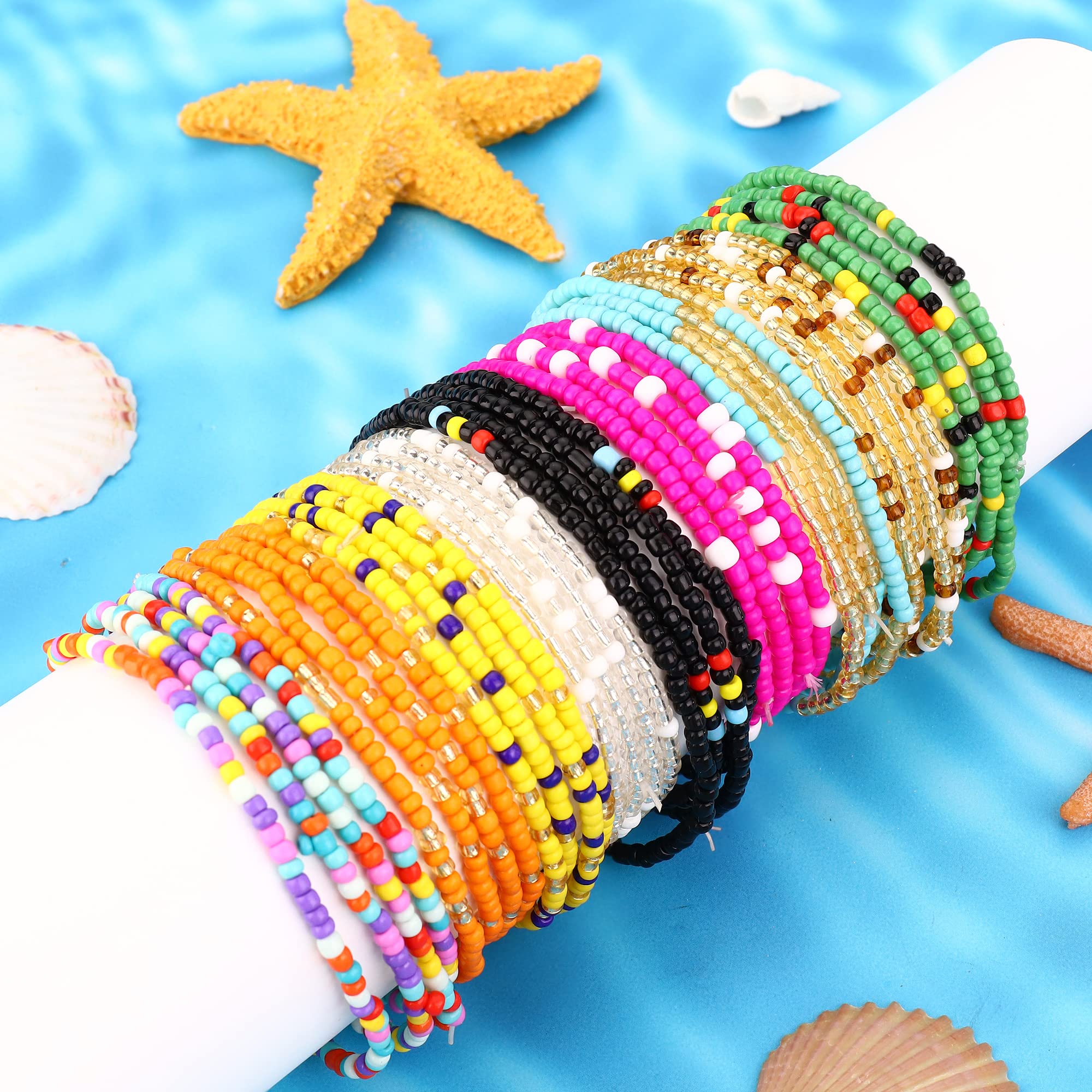 Subiceto 36Pcs Beaded Anklets for Women Teens Handmade African Elastic Beaded Anklet Multicolor Boho Layered Beads Ankle Bracelets Set Adjustable Colorful Stretch Summer Foot Jewelry