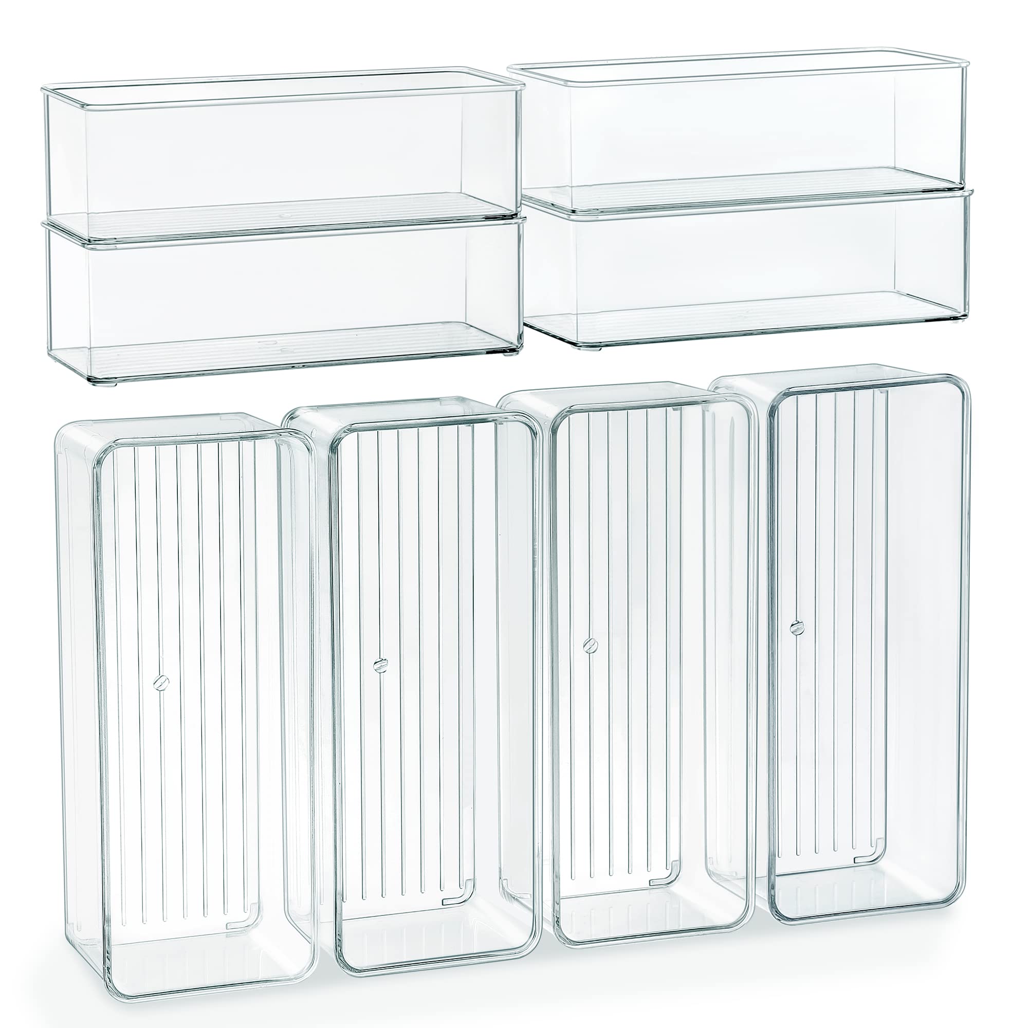 Qilinba 8 PACK Clear Stackable Drawer Organizer Bins, Plastic Organizer Bins for Cutlery Vanity Storage Tray for Bathroom Kitchen Office Desk Organizing
