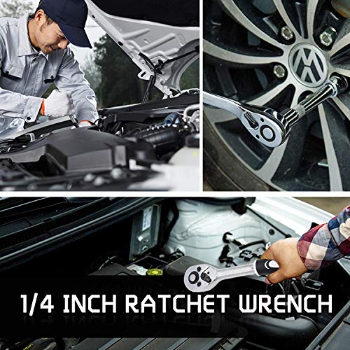 YUFANYA 46PCS 1/4 inch Drive Socket Set,Metric Ratchet Wrench Set with 4-14mm CR-V Sockets,S2 Bits,Extension Bars,Mechanic Tool Kits for Household Auto Repair