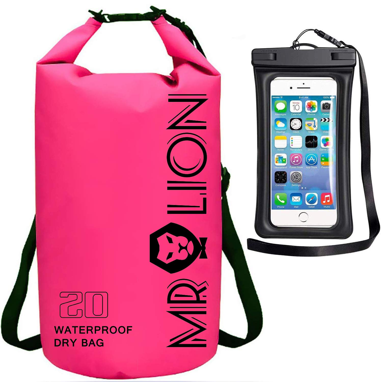 MR LION Waterproof Dry Bag - Roll Top Dry Compression Sack Keeps Gear Dry for Kayaking, Beach, Rafting, Boating, Hiking, Camping, Swimming, Floating and Fishing with Waterproof Phone Case (Pink, 20L)