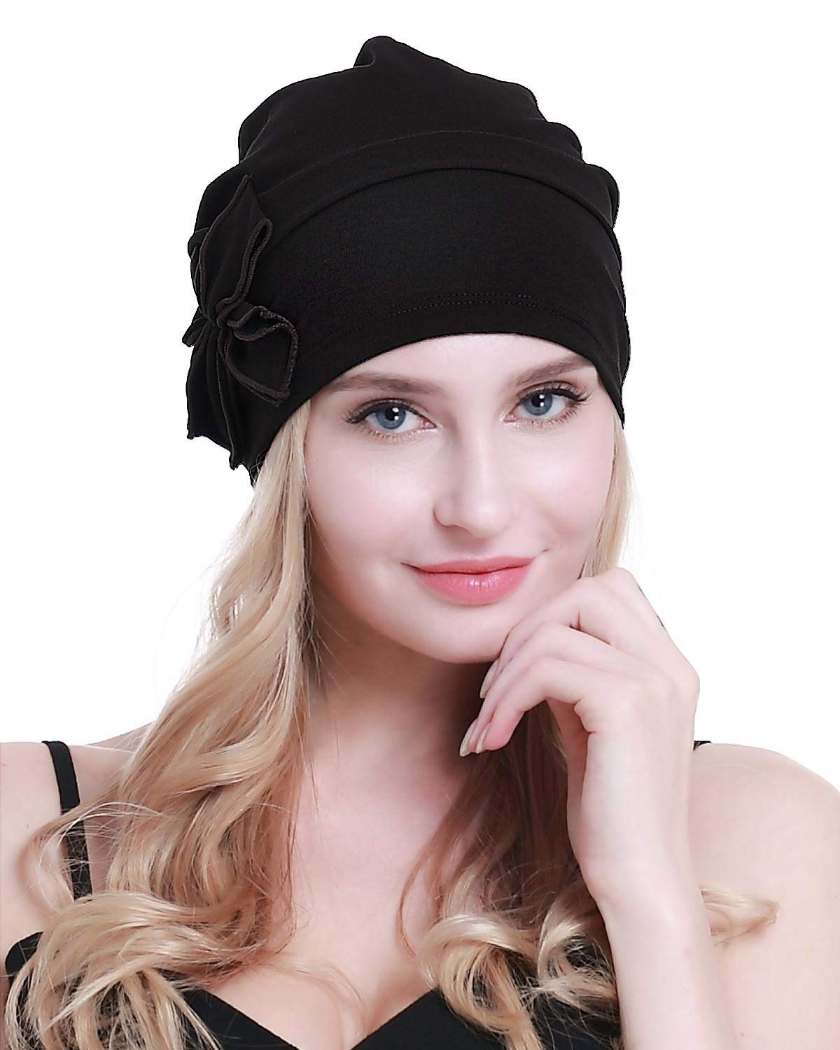osvyo Cotton Chemo Turbans headwear Beanie Hat Cap for Women Cancer Patient Hairloss BLACK