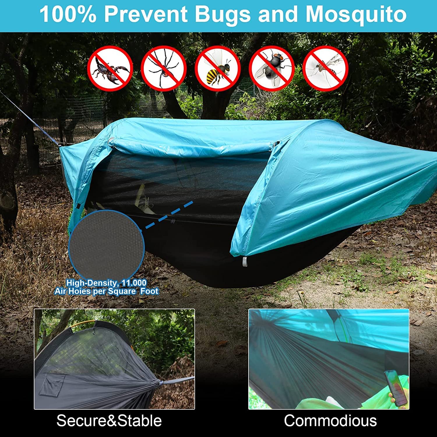 SUNPIE Camping Hammock Tent with Mosquito Net, Lightweight 1-2 Persons Bivvy Hammock Set, Hammock with Rain Fly Cover and Tree Straps for Backpacking Hiking Travel Beach Outdoor Activities
