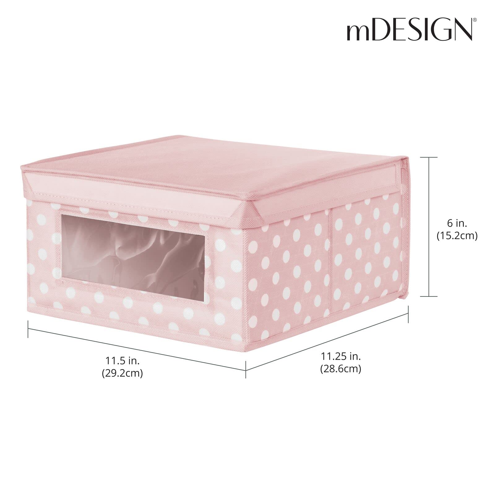 mDesign Medium Soft Stackable Fabric Baby Nursery Storage Organizer Holder Bin Box with Front Window and Lid for Child/Kids Bedroom, Playroom, Classroom - 4 Pack - Pink/White Polka Dot