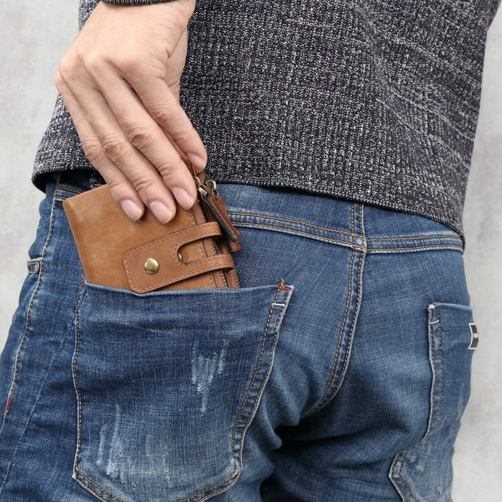 MING CLAN Pocket Wallets For Men With Zipper RFID Blocking Leather Bifold Mens Wallets - Double Zipper Credit Card Wallet - ID Window Zip Coin Pocket Travel Wallet Big Capacity