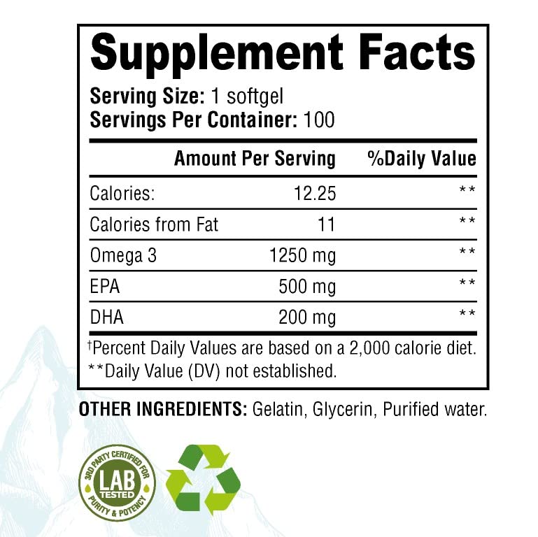 Mendocino Naturals Omega 3 Triple Strength - 1250 mg - Natural Flavor - 100 Softgels, White