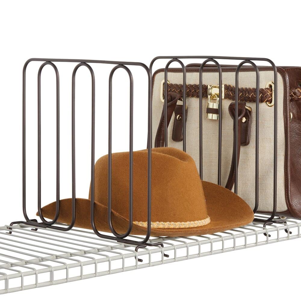 mDesign Metal Wire Shelf Dividers for Closet Organization in Bedroom, Hall Closets; Organizer for Shelves, Separators for Clothes, Sweater; Divider for Wire Shelving; Easy Install - 2 Pack - Bronze
