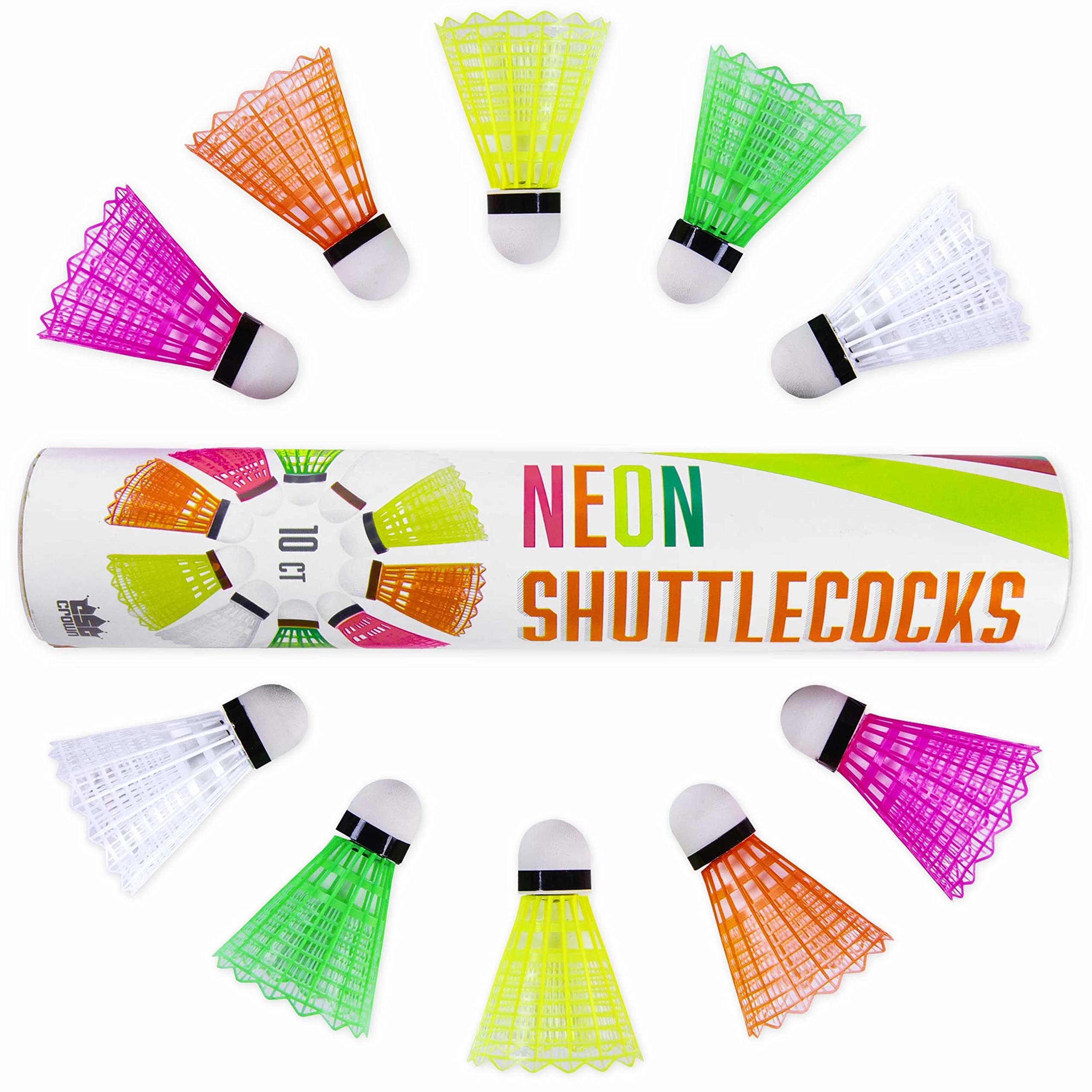 Neon Plastic Shuttlecocks | 10-Count of Highly-visible, Brightly-colored Badminton Birdies in Ultra-neon Pink, Green, Orange, Yellow, and White | Durable Nylon and Plastic Materials