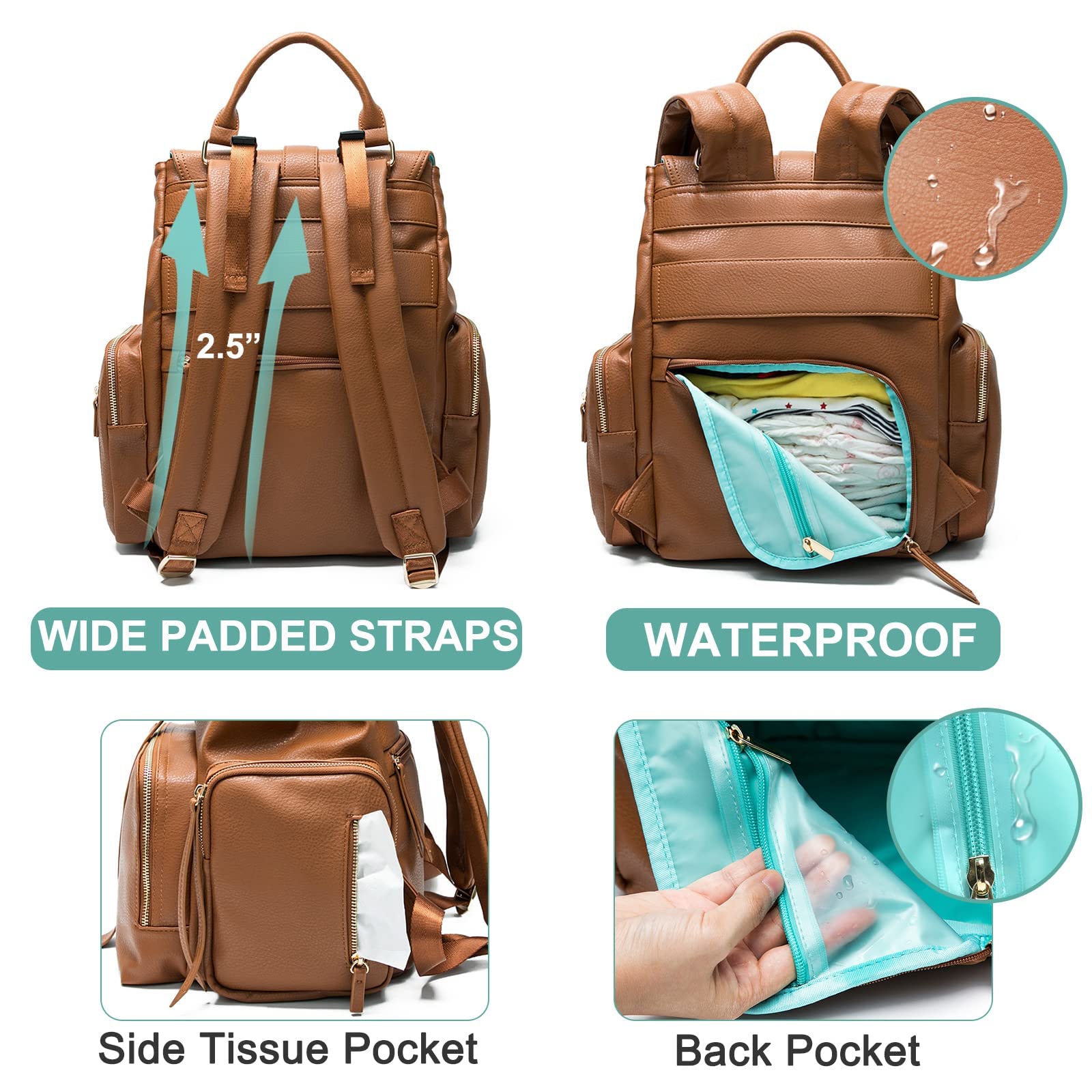 MOMINSIDE Diaper Bag Backpack with 14 Pockets, Leather Baby Bag, Large Capacity, Baby Registry, 4 Insulated Pockets, Wet Dry Bag, Changing Pad, Stroller Straps (Brown)