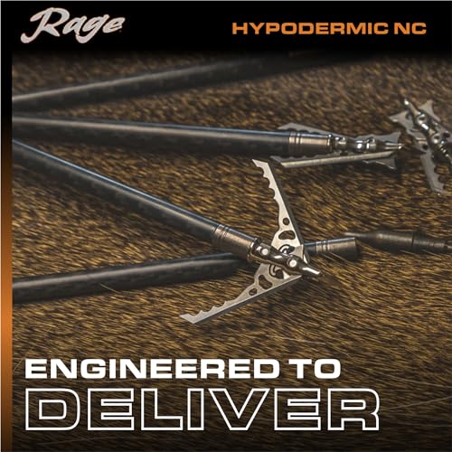 Rage Hypodermic NC 2-Blade 100gr Hunting Broadhead (R38100), Hybrid Tip, No Collar Blade Lock.035β Thick Swept-Back Angled Blades with a 2β Cutting Diameter, Machined Stainless Steel Ferrule, 3-Pack