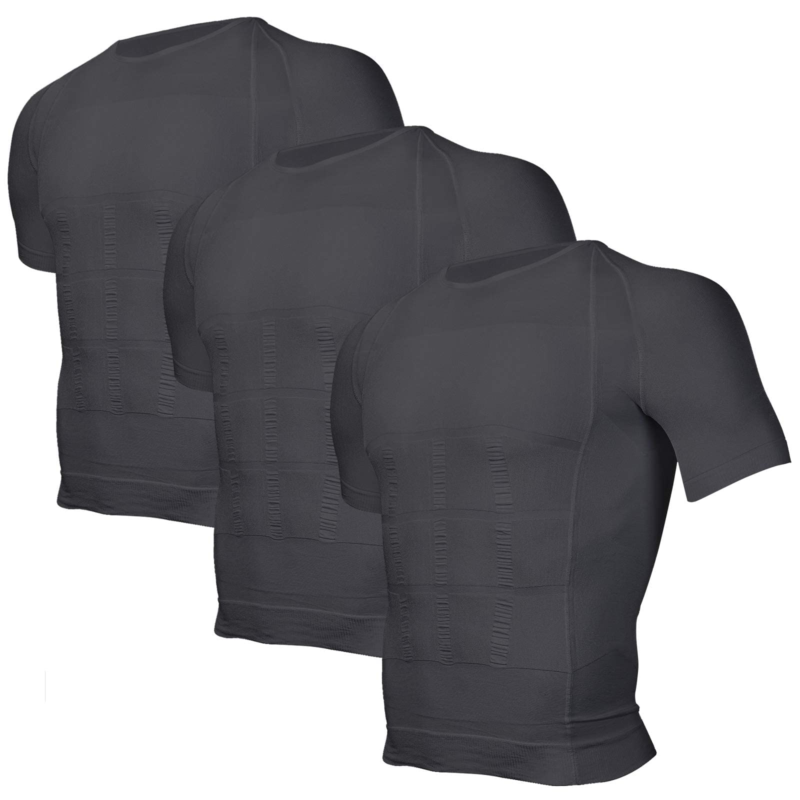 Odoland 3 Pack Men's Body Shaper Slimming Shirt Tummy Vest Thermal Compression Base Layer Slim Muscle Short Sleeve Shapewear, Grey/Grey/Grey, XL