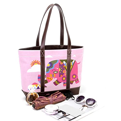 Women's Large Size Canvas Shoulder Bag Hobo Crossbody Handbag Casual Tote, Pink Retro Floral Elephant