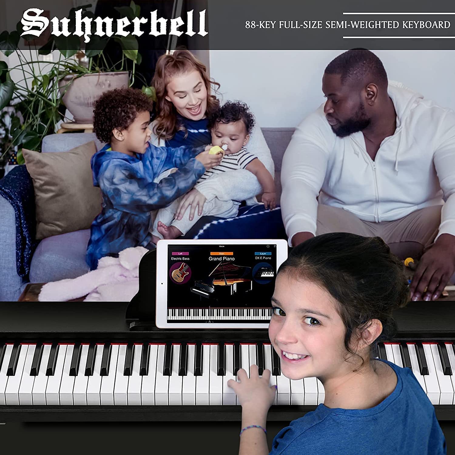 Suhnerbell Digital Piano Keyboard with 88 Keys Full Size SEMI-Weighted Keys, Beginner Electric Piano/Keyboard Set, Portable Keyboard Piano with Continuation Pedal