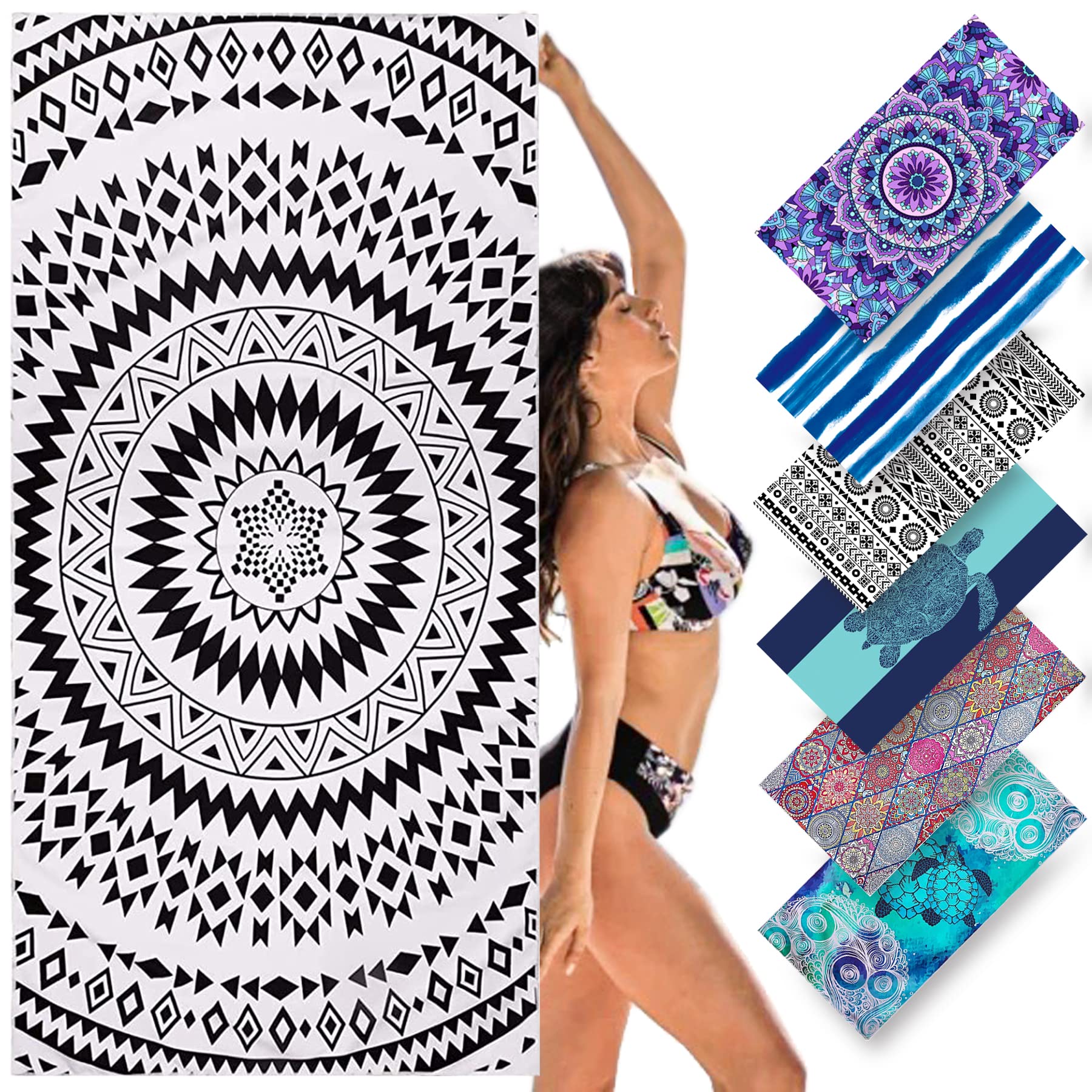 Sand Free Microfiber Beach Towels Adult – Quick Fast Dry Beach Oversized Accessories Travel Swim Pool Camping Essentials Lightweight Compact Packable Sandless Resistant Must Haves Items Gifts Family