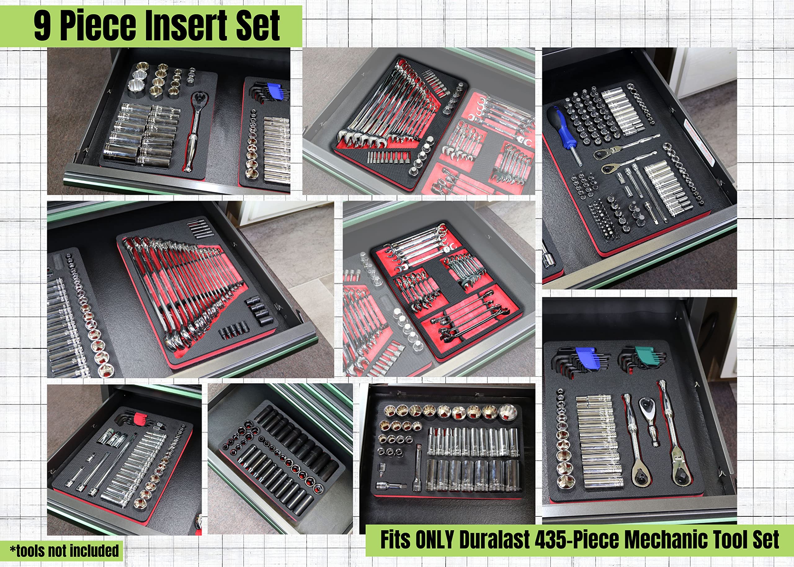 Polar Whale Tool Drawer Organizer Inserts Fits Duralast 435 Piece Mechanics Set Red and Black Durable Foam Trays Holds Many Tools ONLY For 61-990 1089589 Fits Most Cabinet and Chest Drawers