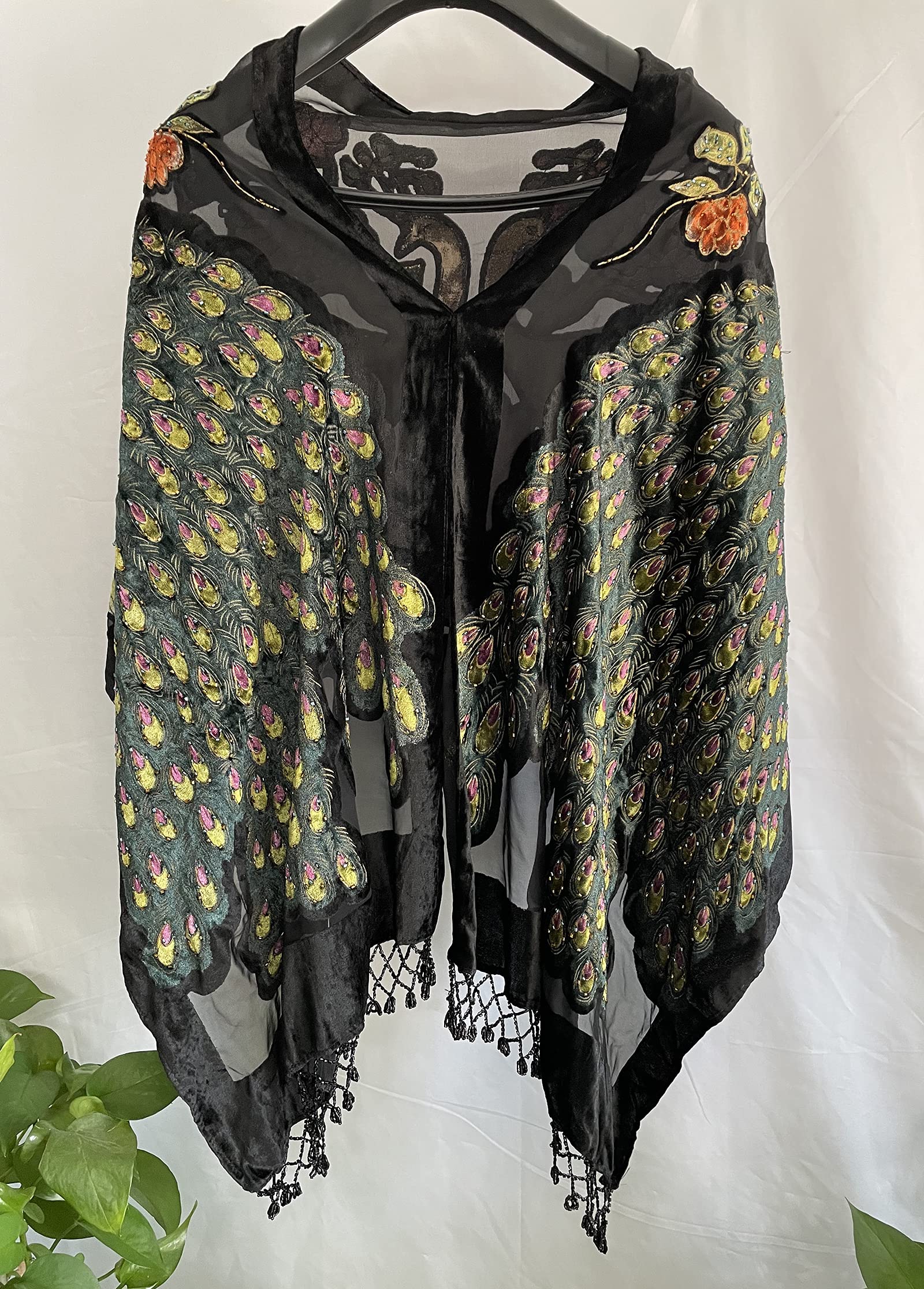 Peacock Velvet Shawl with Fringe Beaded Shawl for Women Peacock scarf Handmade Beading Indian Wraps for wome Tassel
