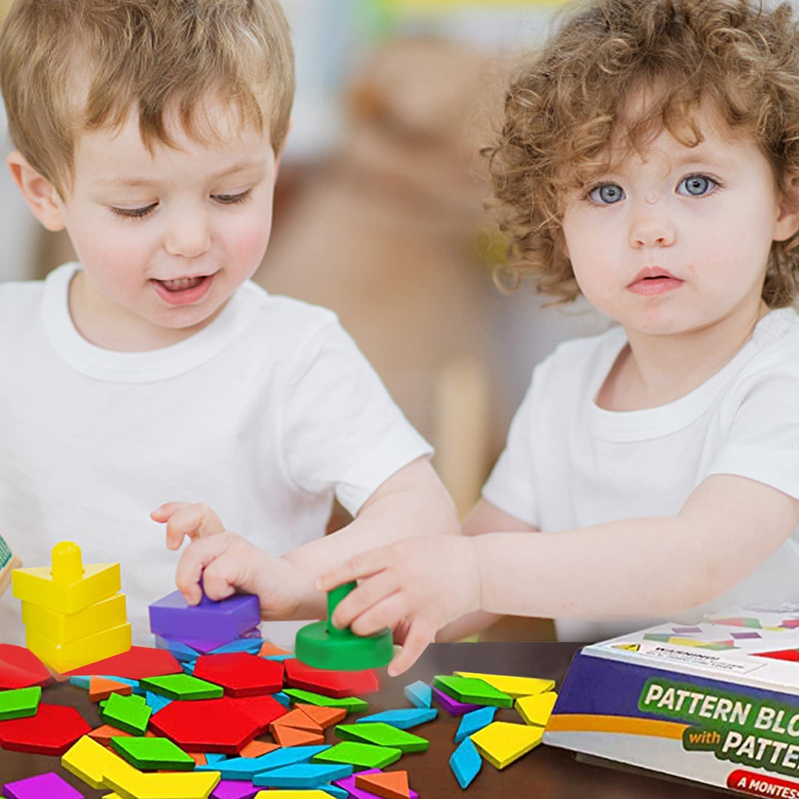 MorTime 250 Pcs Wooden Pattern Blocks and Boards Set, Sturdy Play Board with 10 Double-sided Jigsaw Cards