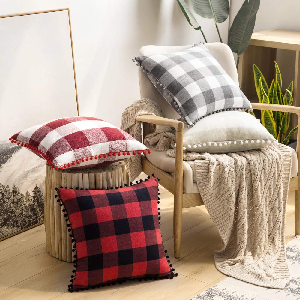 MIULEE Retro Plaid Pillow Covers Farmhouse Buffalo Check Pillow Cases with Pom-poms Decorative Throw Pillow Covers Set of 2 for Sofa Couch 20x20 Inch Red and White