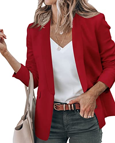 Newffr Womens Casual Blazer Jackets - Open Front Long Sleeve Lapel Collar Work Office Jackets Blazer Summer Outwear Red