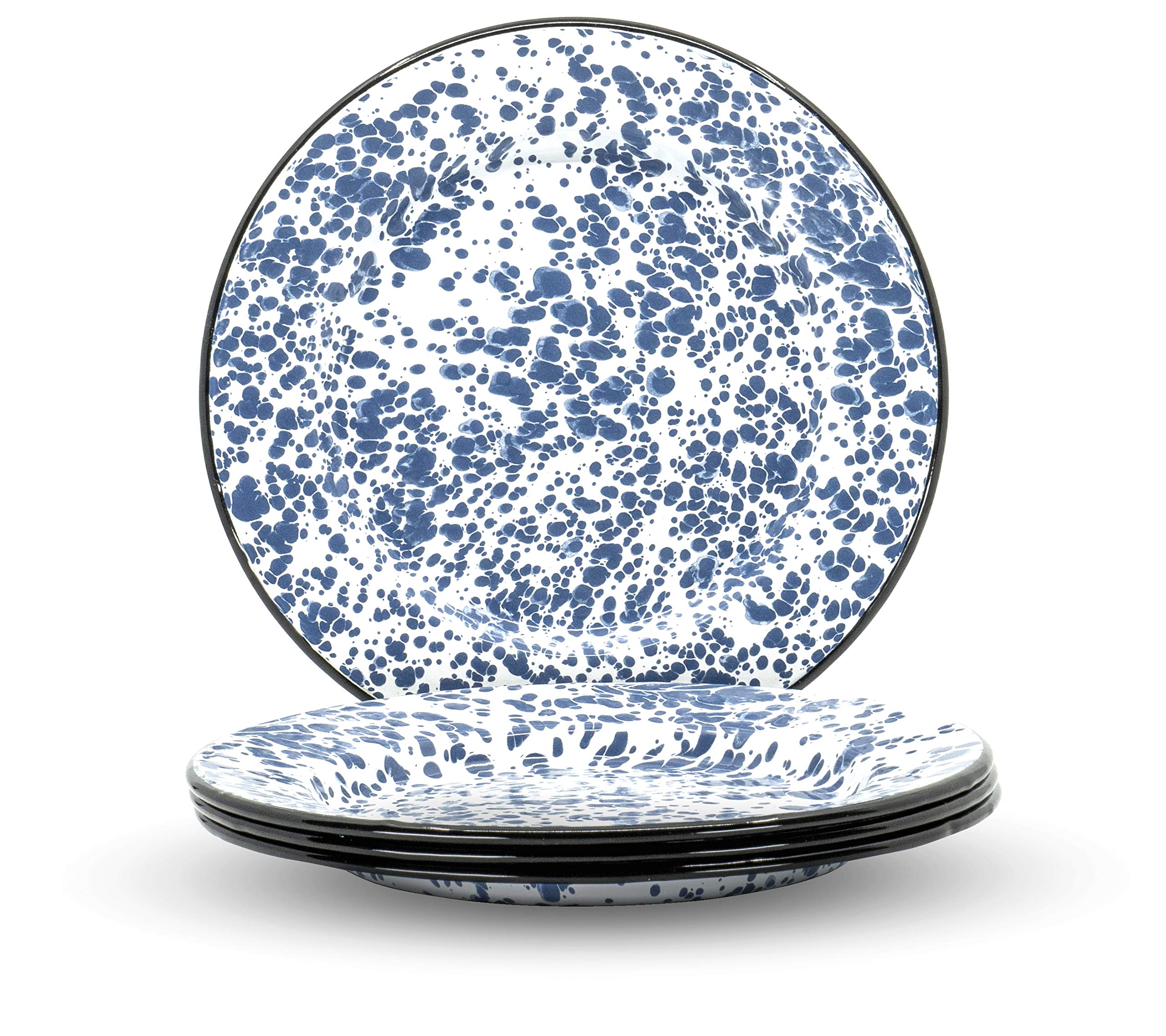 Red Co. Set of 4 Enamelware Metal Classic 10" Round Dinner Plate, Navy Blue Marble/Black Rim - Splatter Design