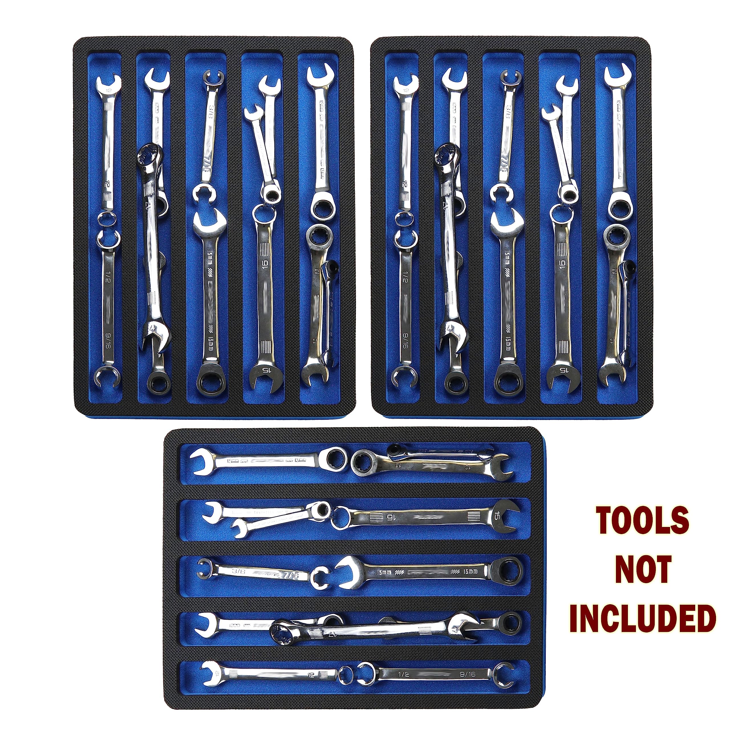 Polar Whale Tool Drawer Organizer 3-Piece Wrench Insert Set 5 Pockets Blue and Black Durable Foam Holds Many Tools 15 x 10 Inch Trays Fits Craftsman Husky Kobalt Milwaukee Many Others
