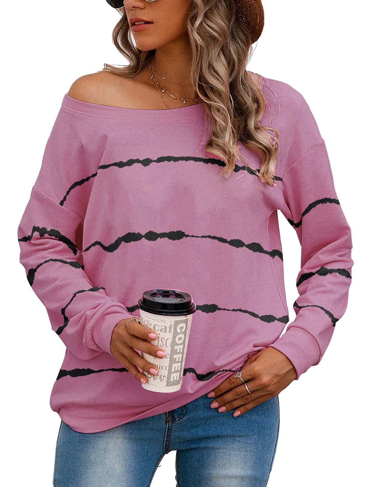 SENFURE Women Long Sleeve Sweatshirt Basic Color Block Fall Sweater Casual Loose Side Split Sweatshirt, Pink, Medium