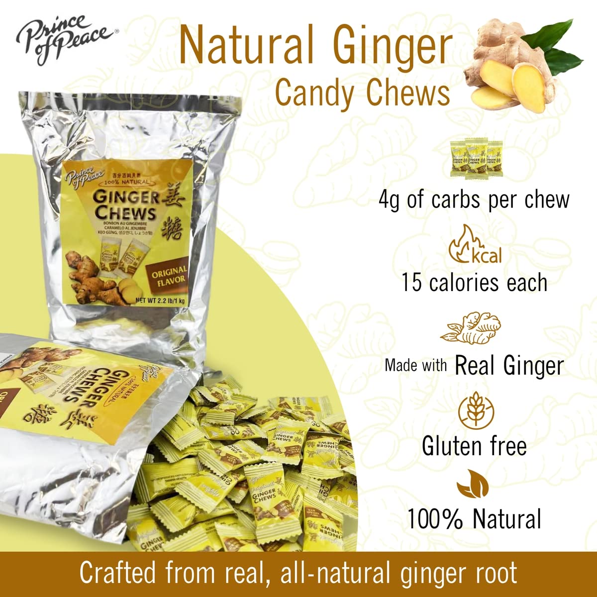 Prince of Peace Ginger Chews with Lemon, 2.2lb/1 kg. β Candied Ginger β Candy Pack β Ginger Chews Candy β Natural Candy