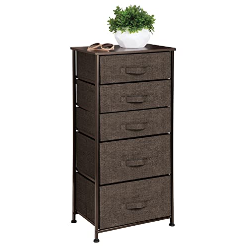 mDesign Storage Dresser Furniture Unit - Tall Standing Organizer Tower for Bedroom, Office, Living Room, and Closet - 5 Drawer Removable Fabric Bins - Espresso Brown
