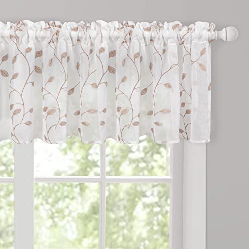 MIULEE Semi Sheer Short Kitchen Valance for Small Window Embroidered Cafe Dining Room Bathroom Panel 1 Piece W 60 x L 18 Brown