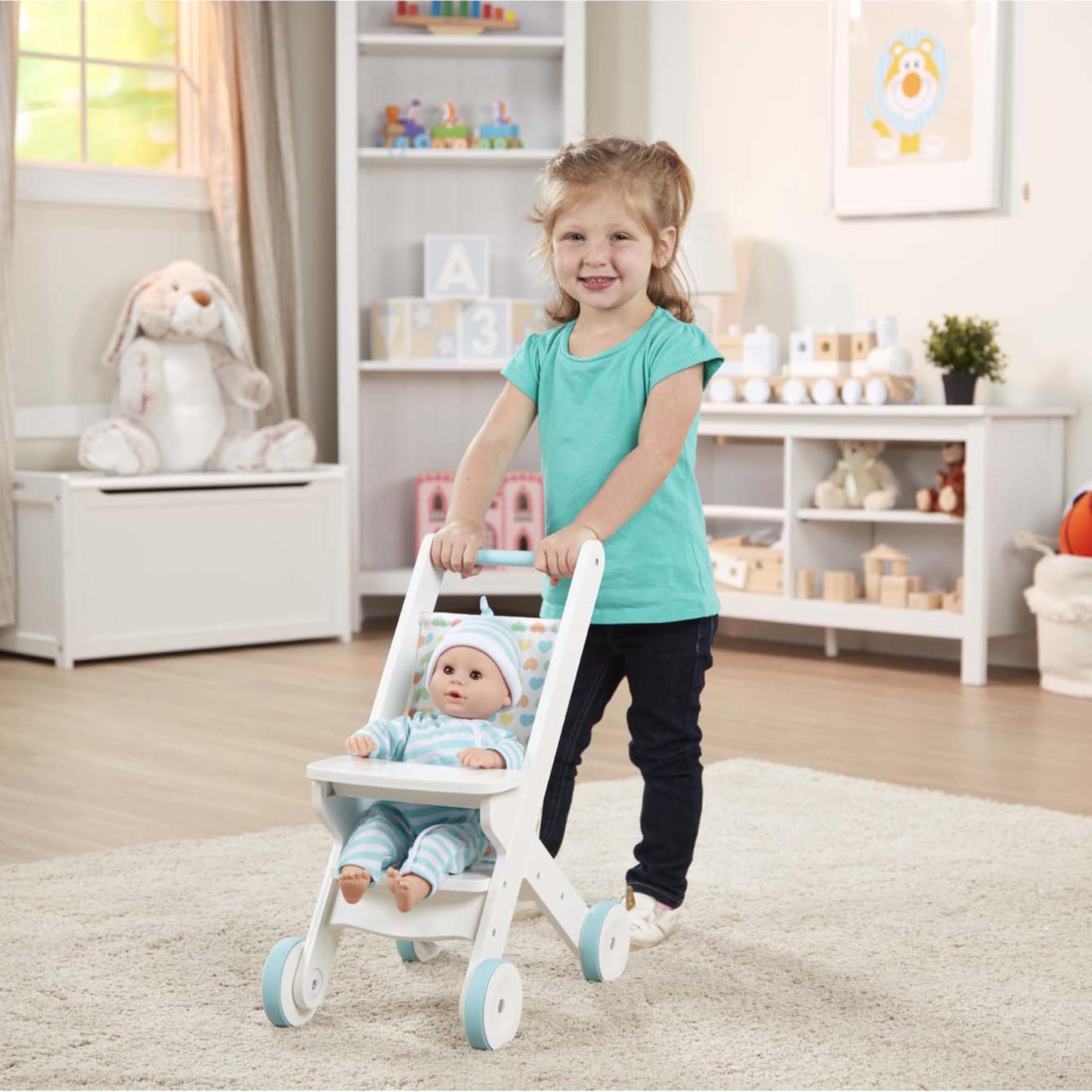 Melissa & Doug Mine to Love Wooden Play Stroller for Dolls-Stuffed Animals - White (18”H x 8”W x 11”D Assembled)